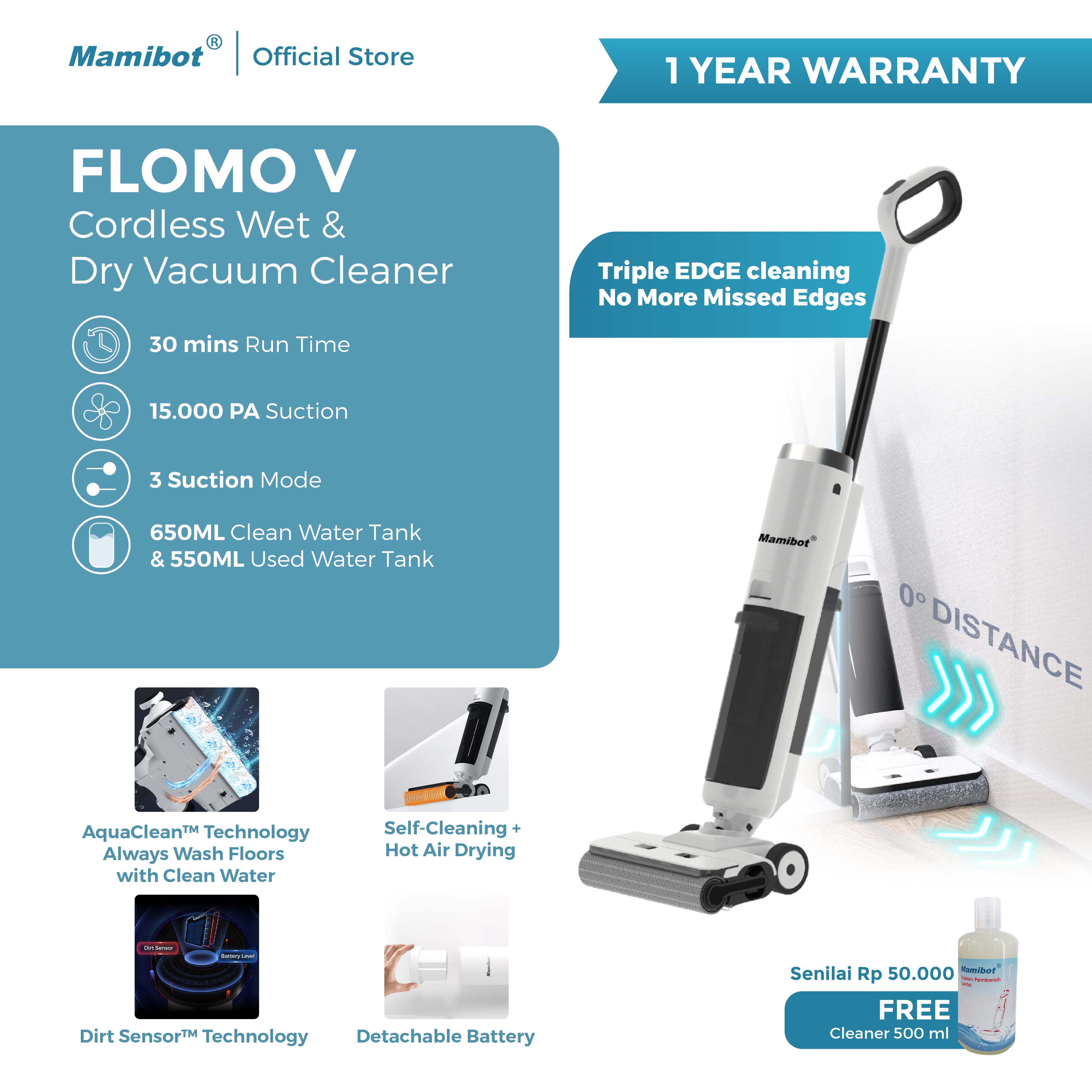 Jual Mamibot FLOMO V Cordless Wet and Dry Vacuum Cleaner Triple-Sided Edge Cleaning Technology ...