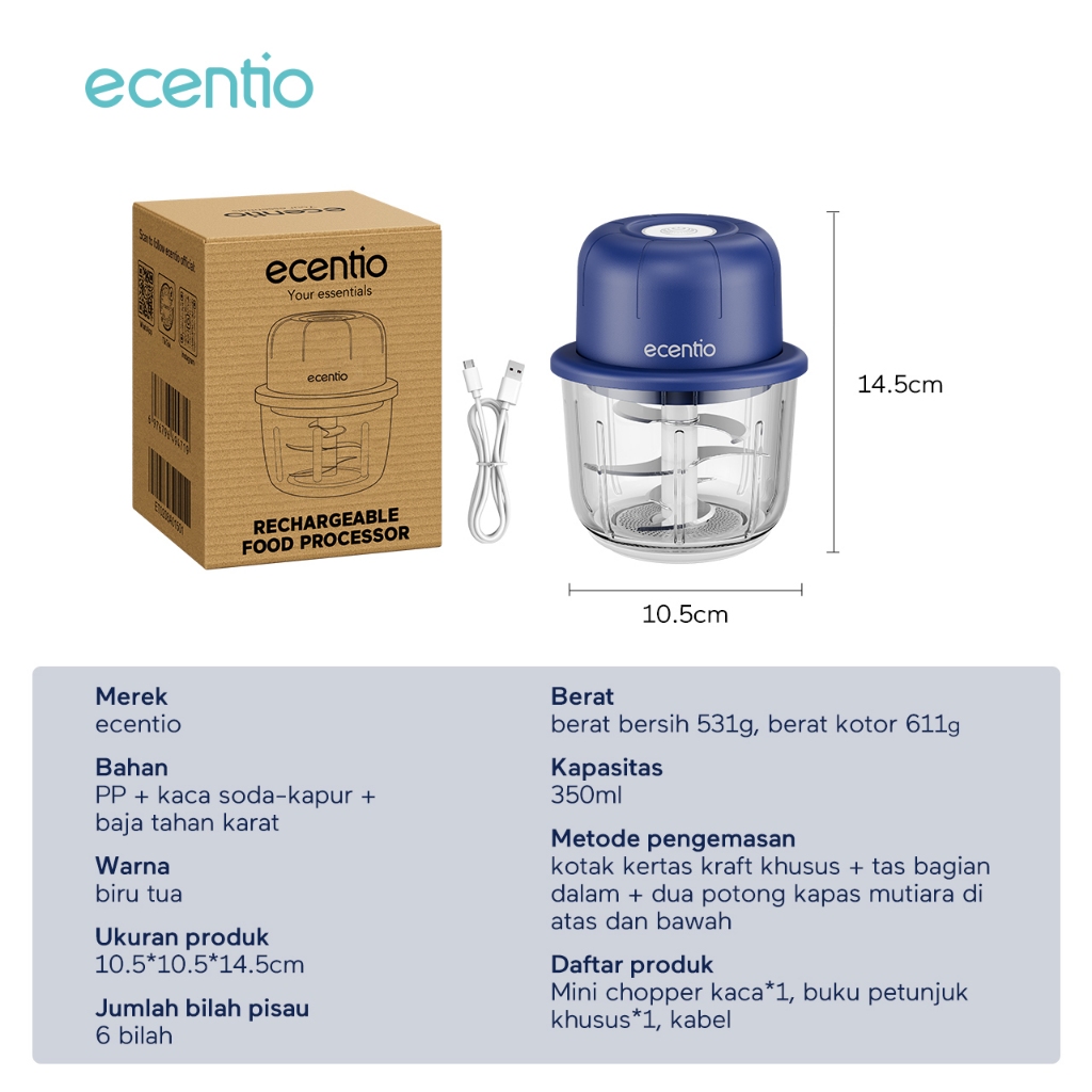 Jual ecentio Kaca Mini Chopper Blender Portable 6 pisau 350ml Bumbu ...