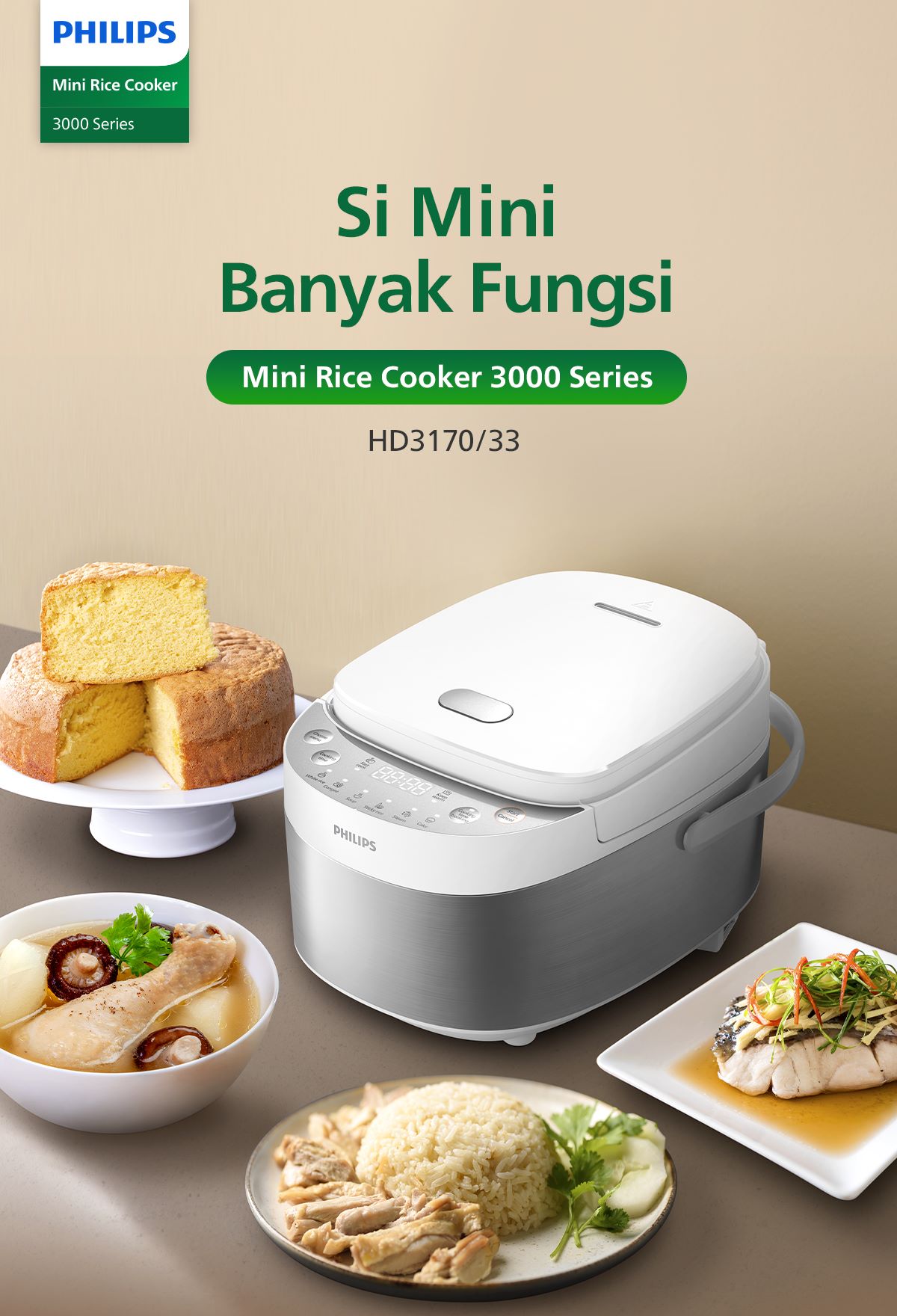 Promo Philips 0.85l Digital Mini Rice Cooker Hd3170/33 - White, Inner ...