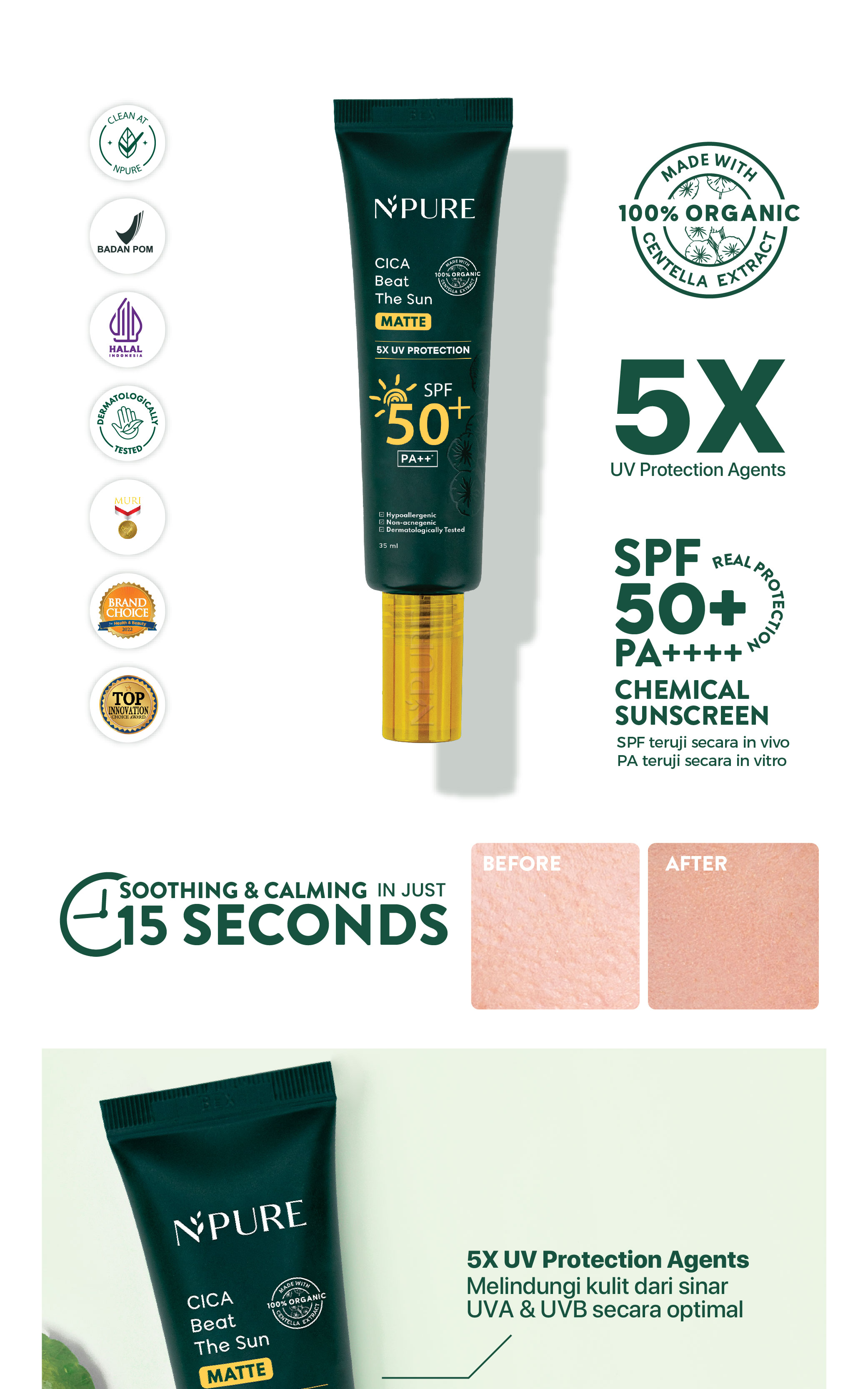 Jual NPURE Sunscreen Cica Beat The Sun Matte SPF 50+ PA++++/ REAL SPF ...