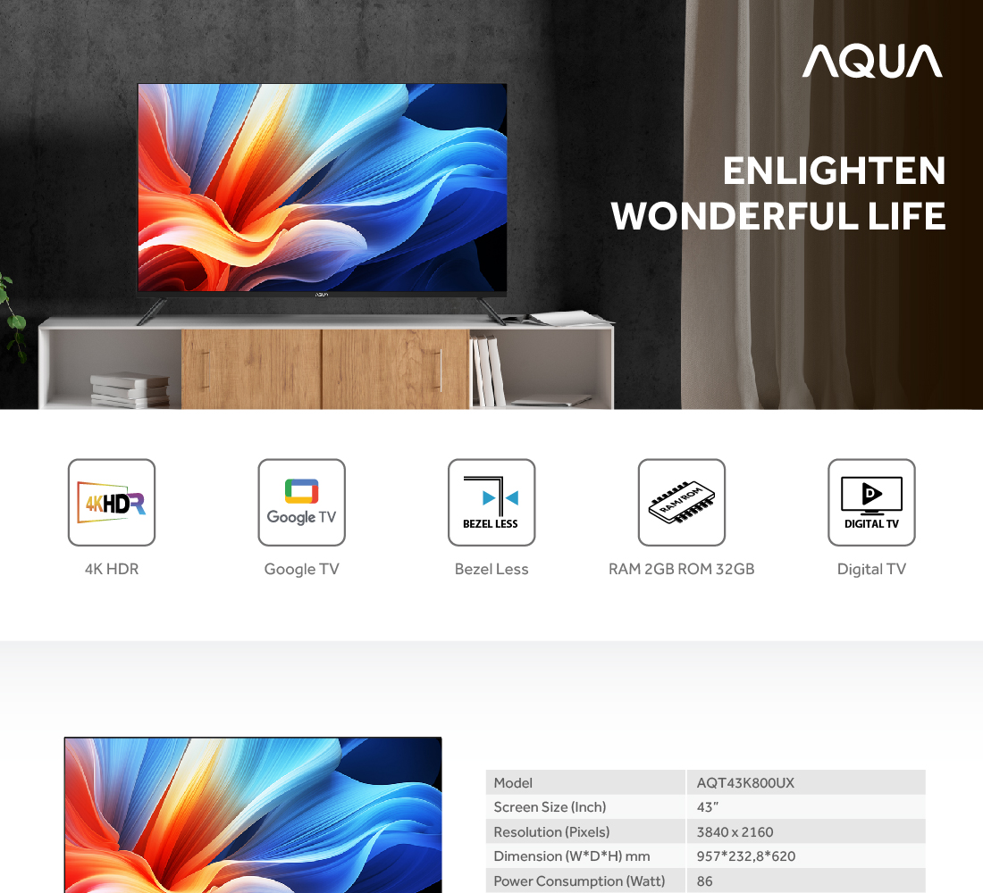 Jual AQUA Elektronik TV 43 inch AQT43K800UX - 4K HDR - Google TV ...