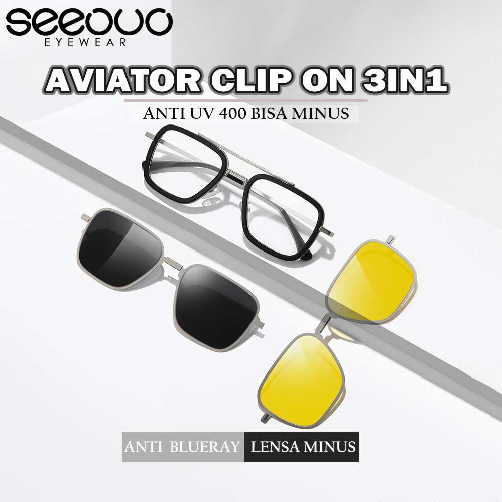 Jual Seeouo Kacamata Clip On 3in1 Polarized Night Vision Model Aviator Kotak Metal+TR Unisex ...