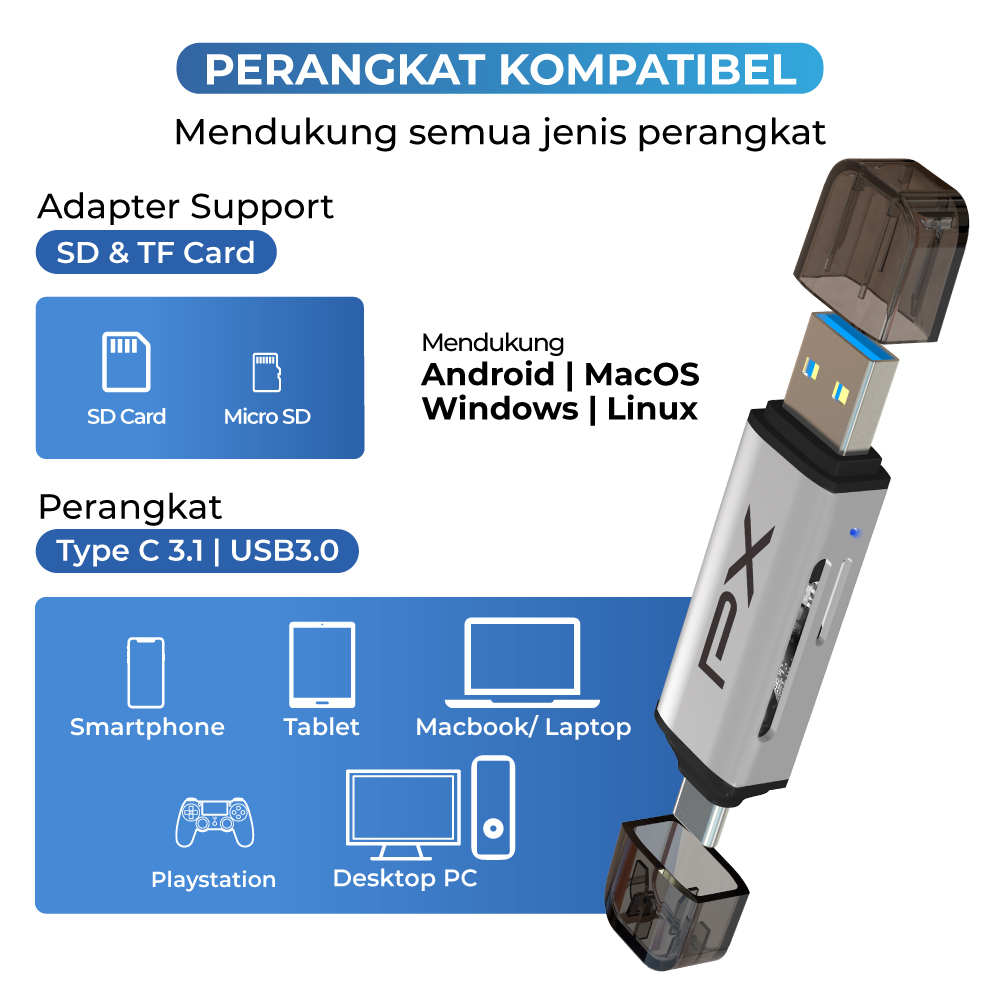 Jual Card Reader USB 3.0 Type C Micro SD High Speed OTG 2 in 1 PX UCR30 | Shopee Indonesia