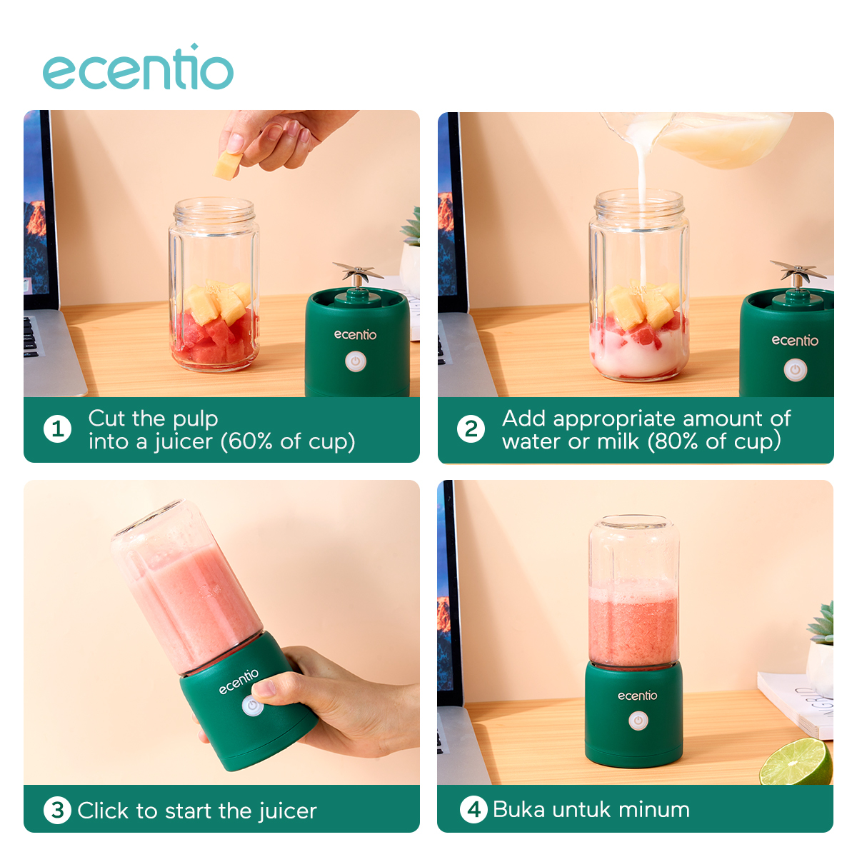 Jual ecentio Kaca blender juicer mini jus 380 ml+380 ml Usb jus 8 mata pisau/380ml 6 mata pisau ...