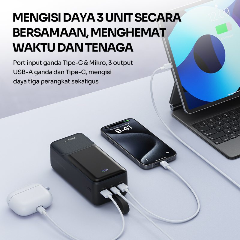 Jual ROBOT Powerbank Fast Charging 22.5W 40.000mAh Real Capacity 3 Port ...