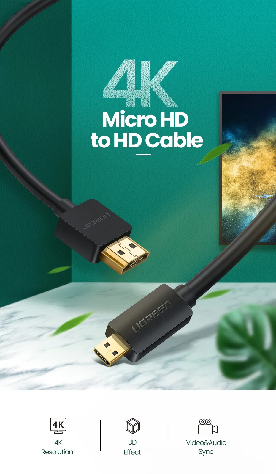 Jual UGREEN Kabel Micro HDMI To HDMI Support HD 4K Audio Video SYNC | Shopee Indonesia