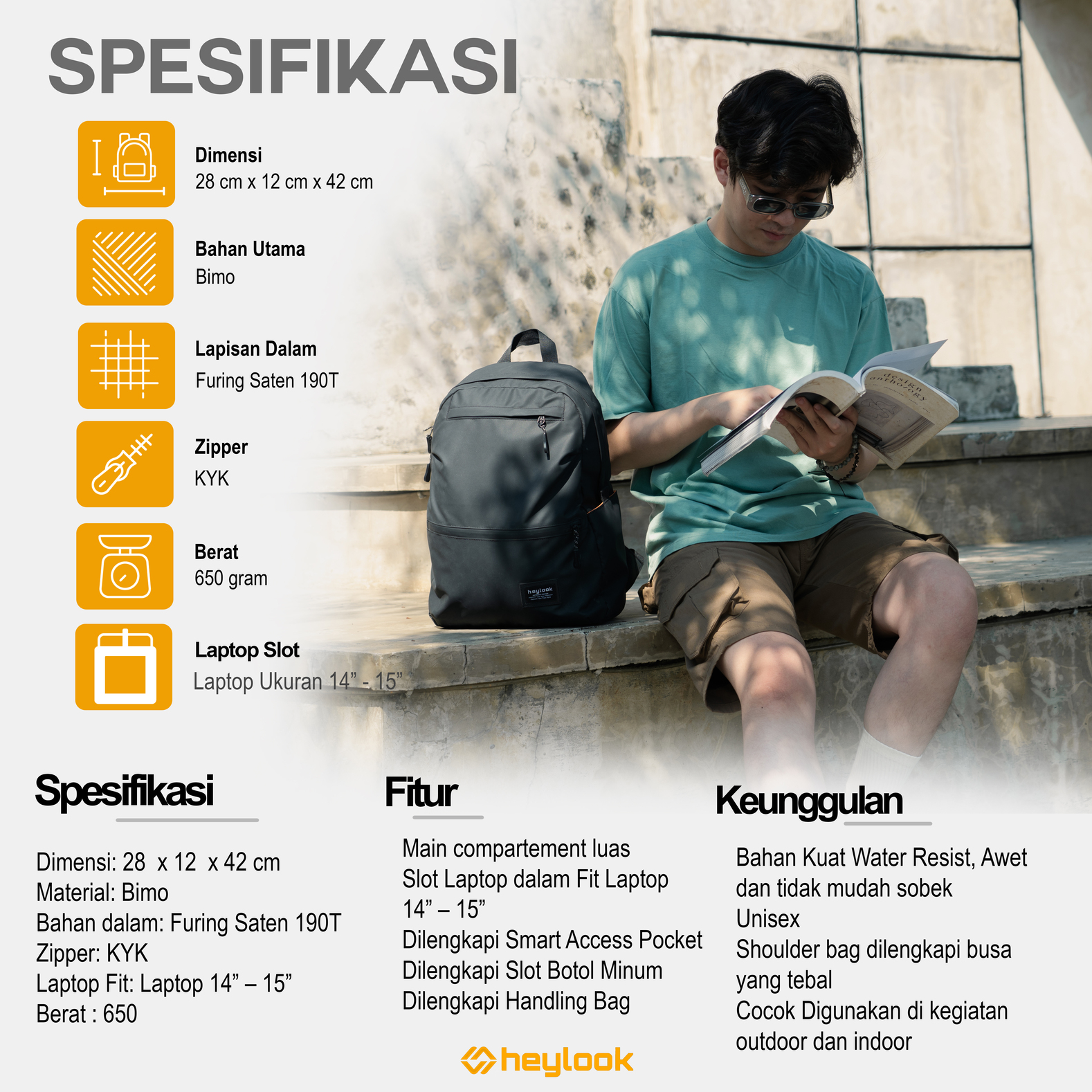 Jual HEYLOOK Official - Tas Ransel Laptop ELLITE Waterproof Backpack ...