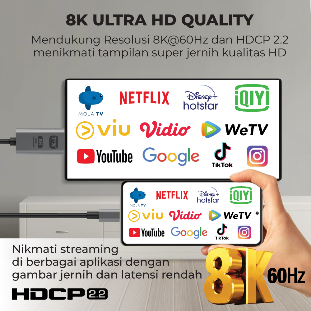 Jual USB Type C to HDMI Converter Kabel MHL HP to TV 8K 2M PX MHA-8K60 | Shopee Indonesia