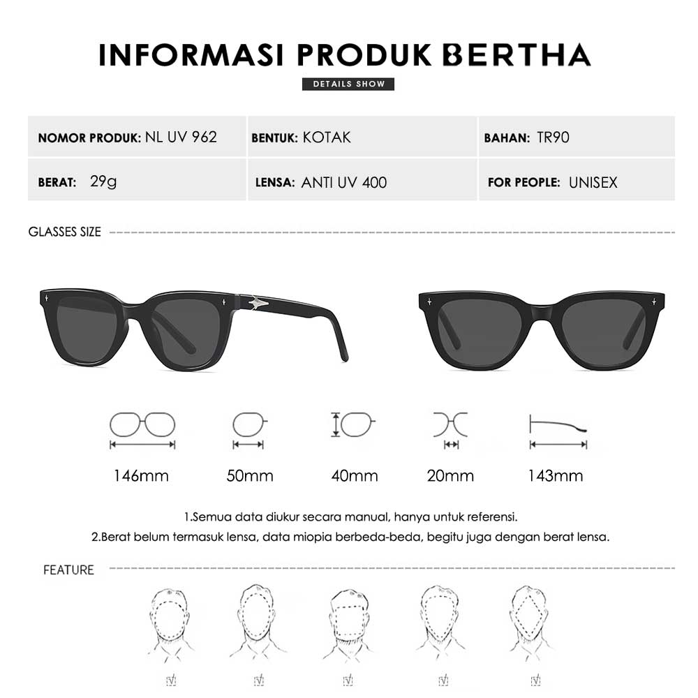 Jual Bertha Kacamata Sunglasses Anti UV 400 Style Kotak Simple Fashion Trendy Korean Style Bahan ...