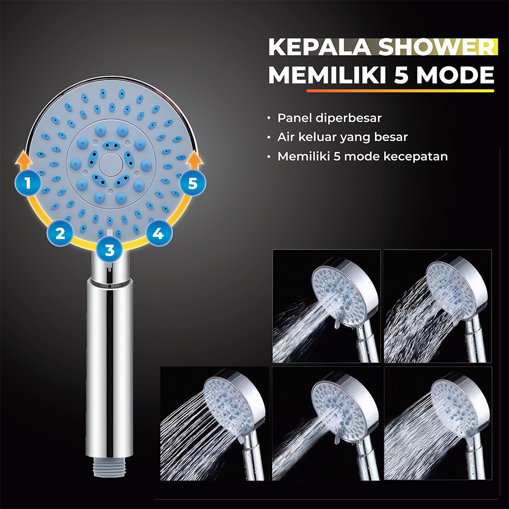 Jual FH8 Kepala Shower Mandi Silver Premium Shower Head Set 5 Mode Adjustable dengan Selang ...