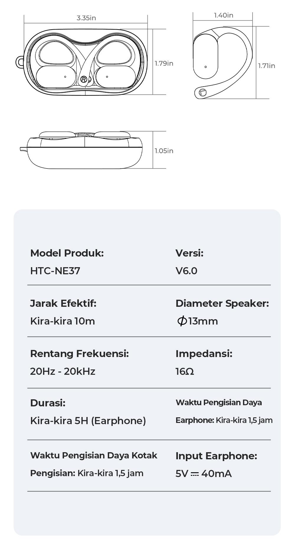 Jual HTC NE37 True Wireless Bluetooth Headset V6.0 OWS TWS Open Ear Earphone TWS Earhook Headset ...