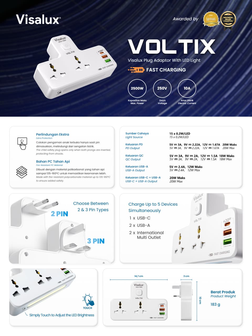 Jual Visalux Voltix Plug Adaptor with LED (2 Pin) Type C + USB A Fast Charging / Steker Stop ...