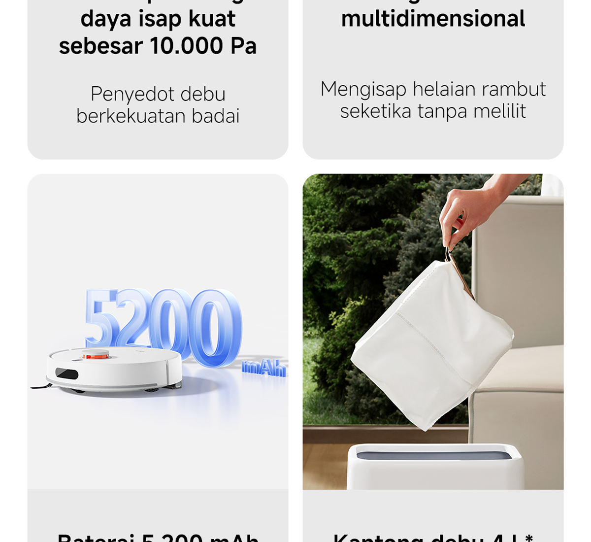 Jual Xiaomi Robot Vacuum H40 | Daya isap kuat 10.000Pa | Desain sikat anti kusut | Pembuangan ...