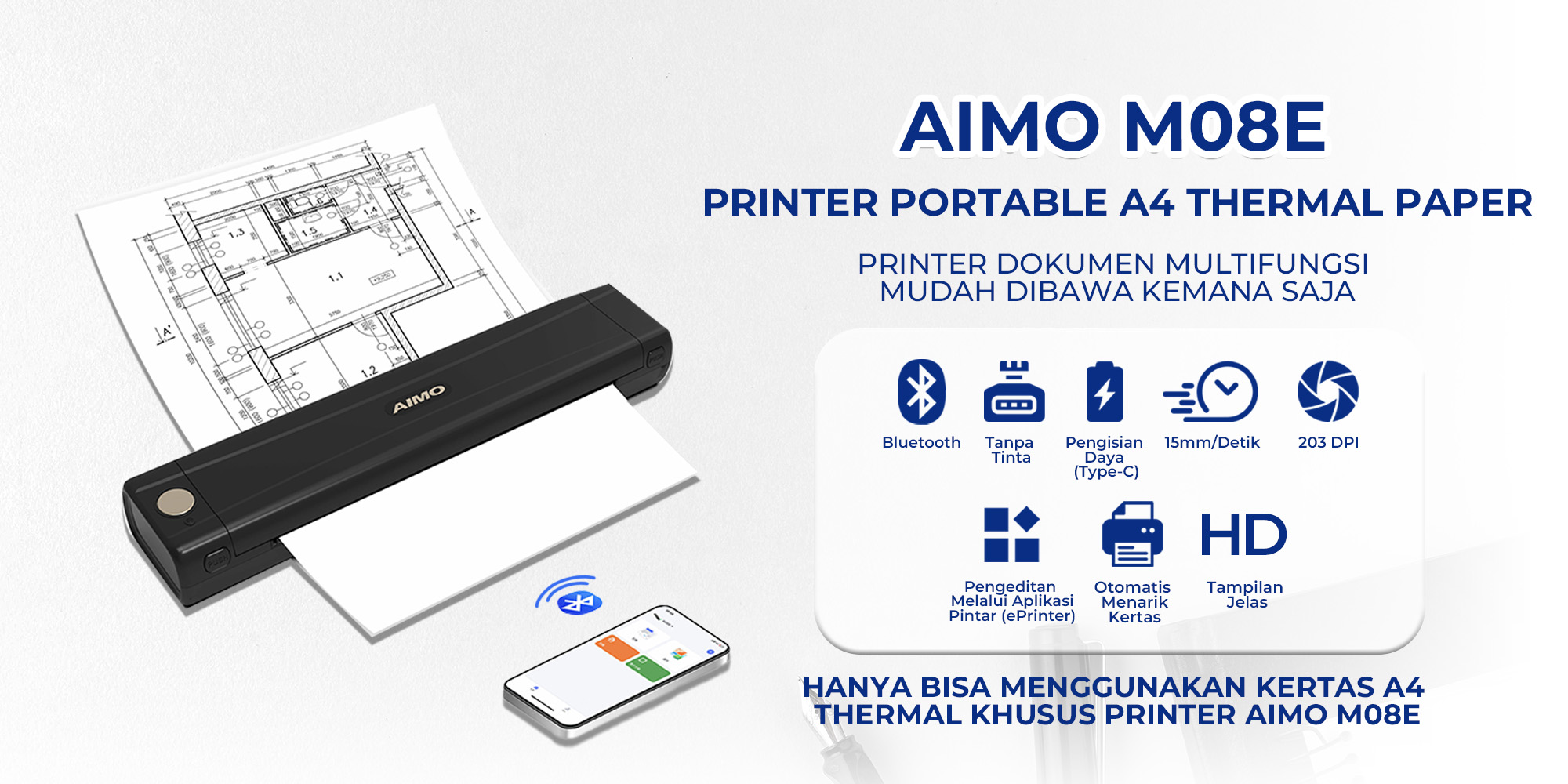 Jual AIMO M08E Printer Portable A4 Thermal Printer A4 HVS/AIMO M08ES ...