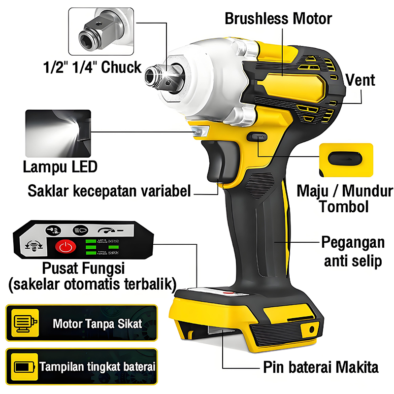 Jual Super Alat Impact Wrench Brushless 1200N.M Mesin Bor Baterai ...