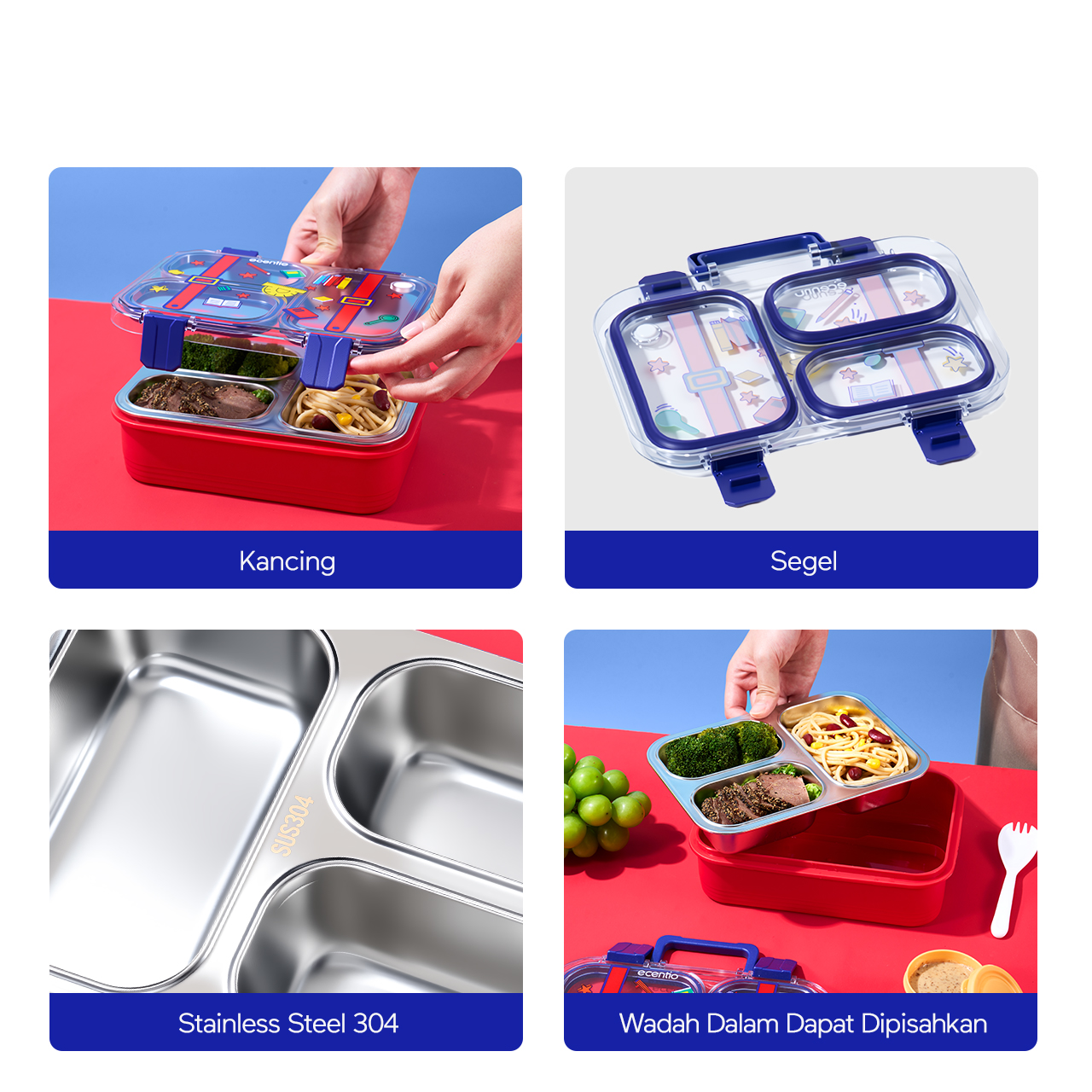 Jual ecentio lunch box anak 750ml stainless 304 sekat 3 dan anti tumpah ...
