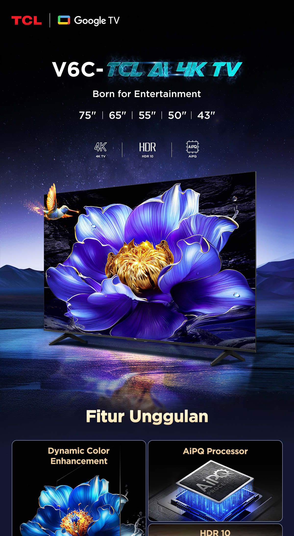 Jual TCL AI 4K Google TV 43 inch V6C - AiPQ Processor - MEMC - HDR 10 - HVA Panel - Multiple Eye ...