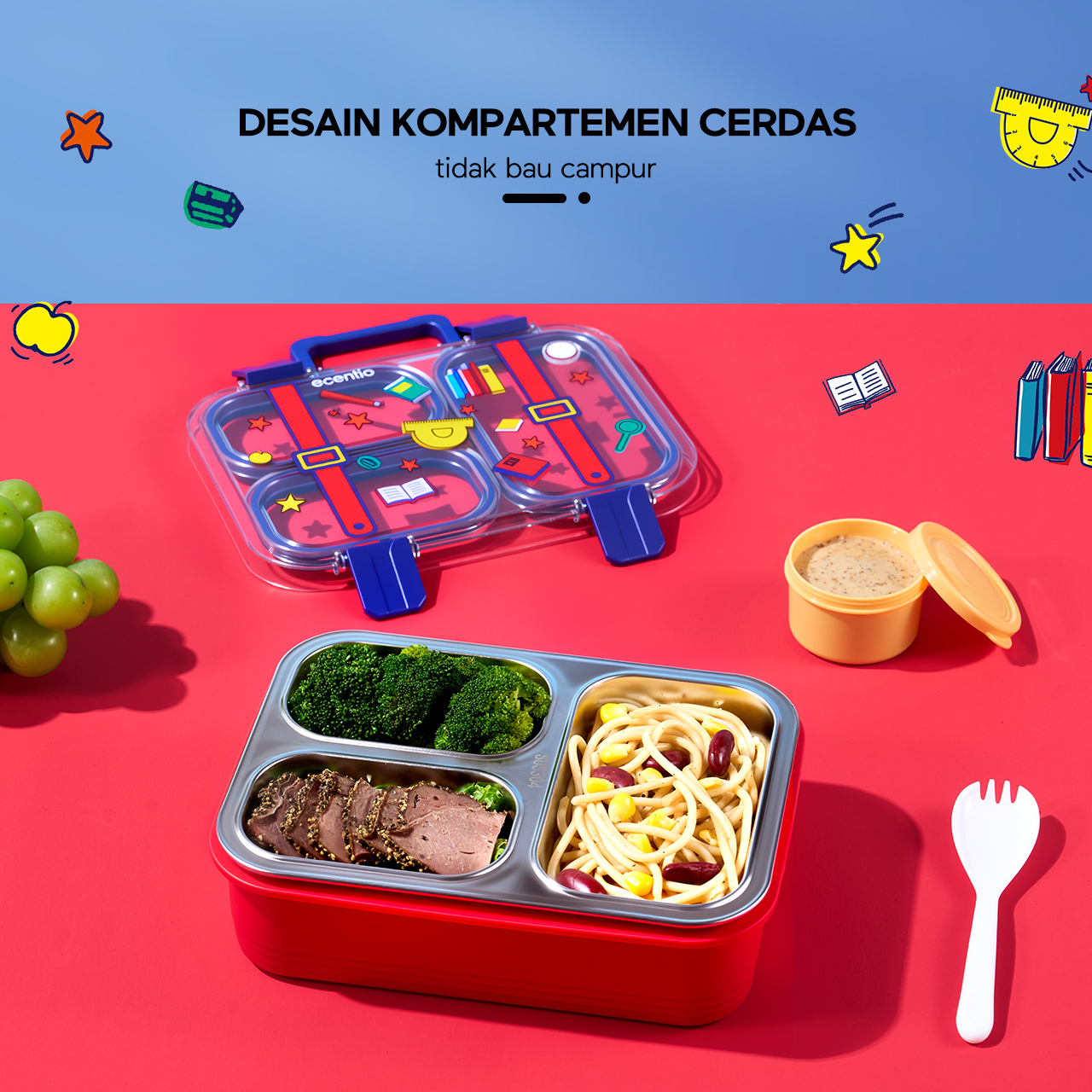 Jual ecentio lunch box anak 750ml stainless 304 sekat 3 dan anti tumpah ...