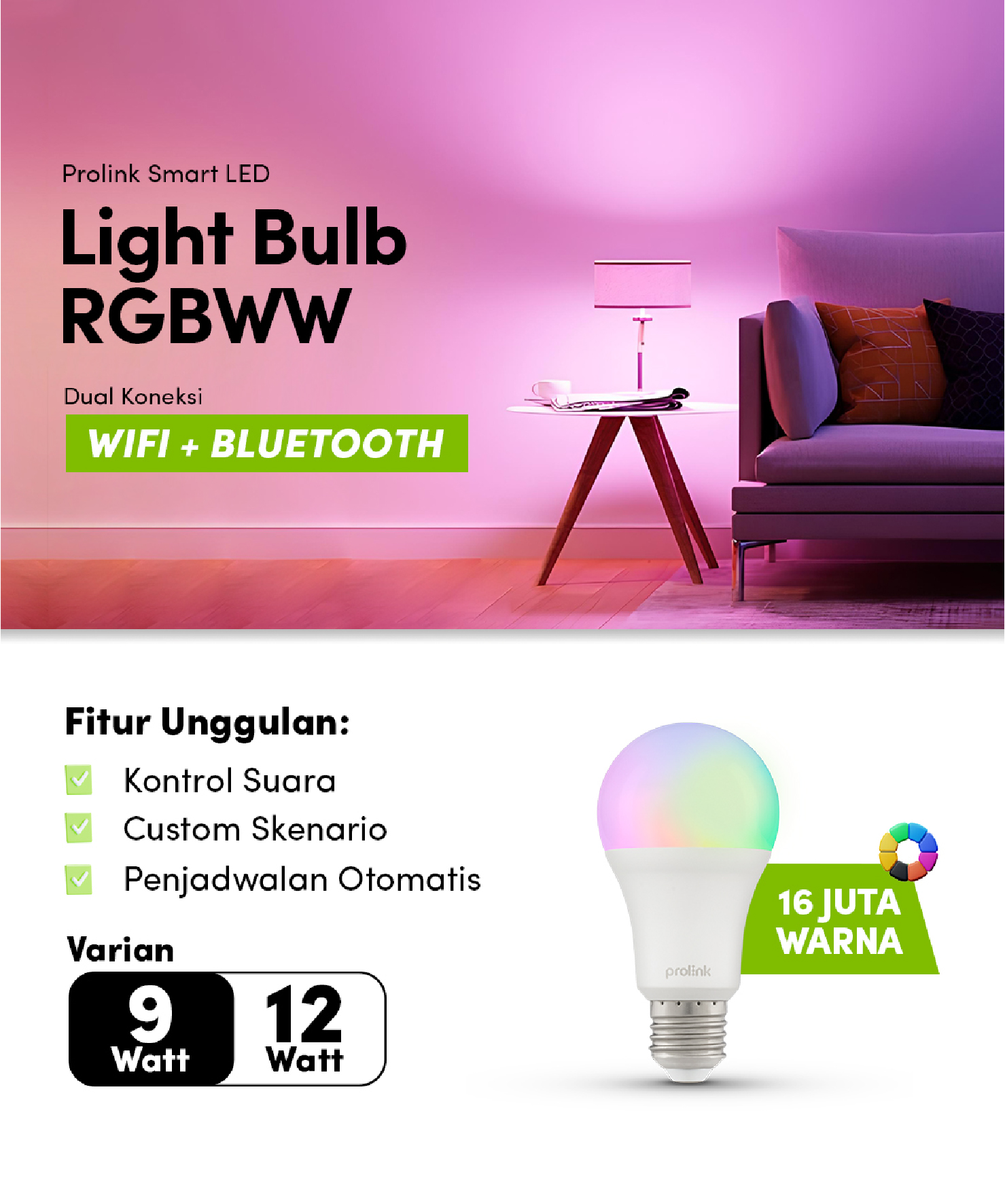 Jual Prolink Smart LED WIFI + BLUETOOTH 9W / 12W RGB WW Bulb Lampu l E27 Lampu BT Wireless ...