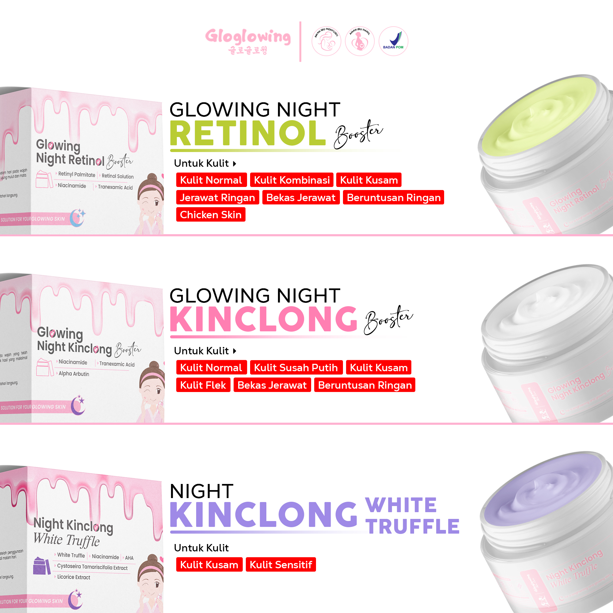 Jual GLOGLOWING Night Cream Whitening - Kinclong Booster / Retinol ...