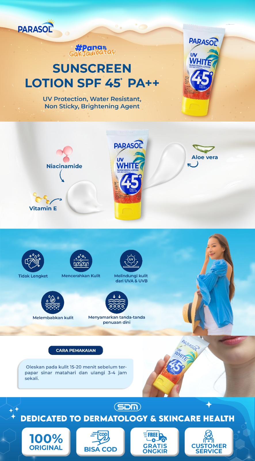 Jual Parasol Lotion Tabir Surya SPF45 PA++ - 50 ML Sunscreen Water ...