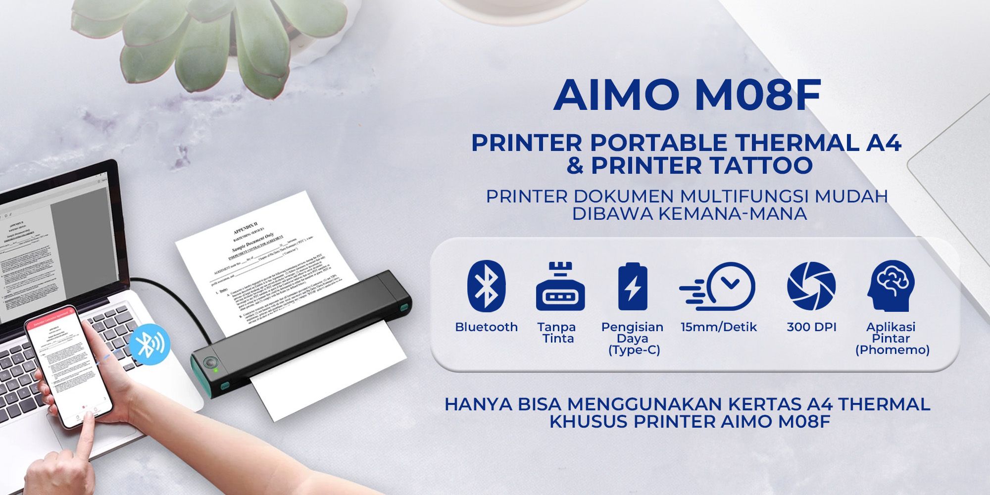 Jual AIMO M08F Printer Portable Thermal Printer A4 HVS/Printer Tattoo Wireless Bluetooth Inkless ...