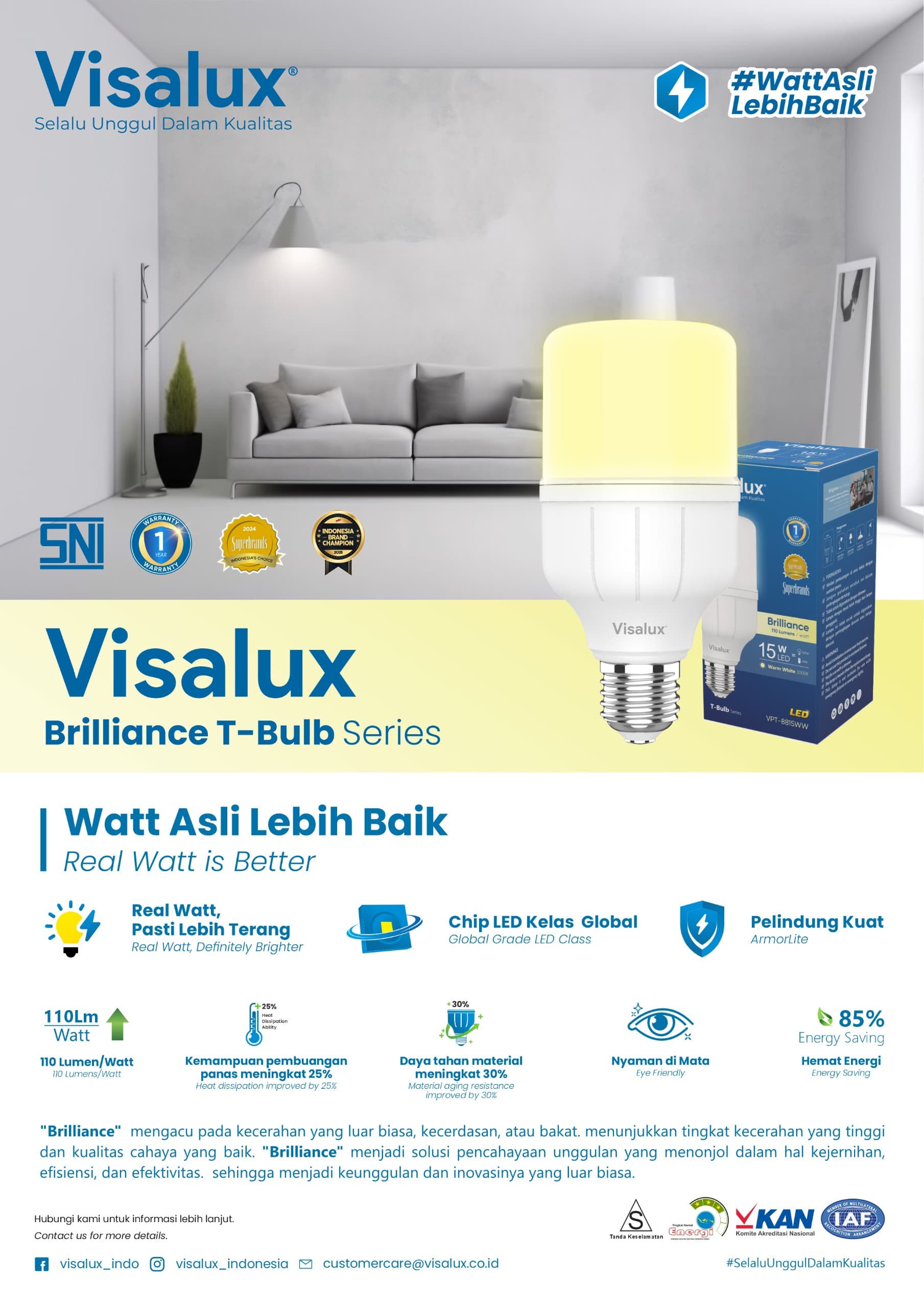 Jual Visalux Lampu LED T-Bulb Brilliance 3000K WarmWhite Kuning 8W ...
