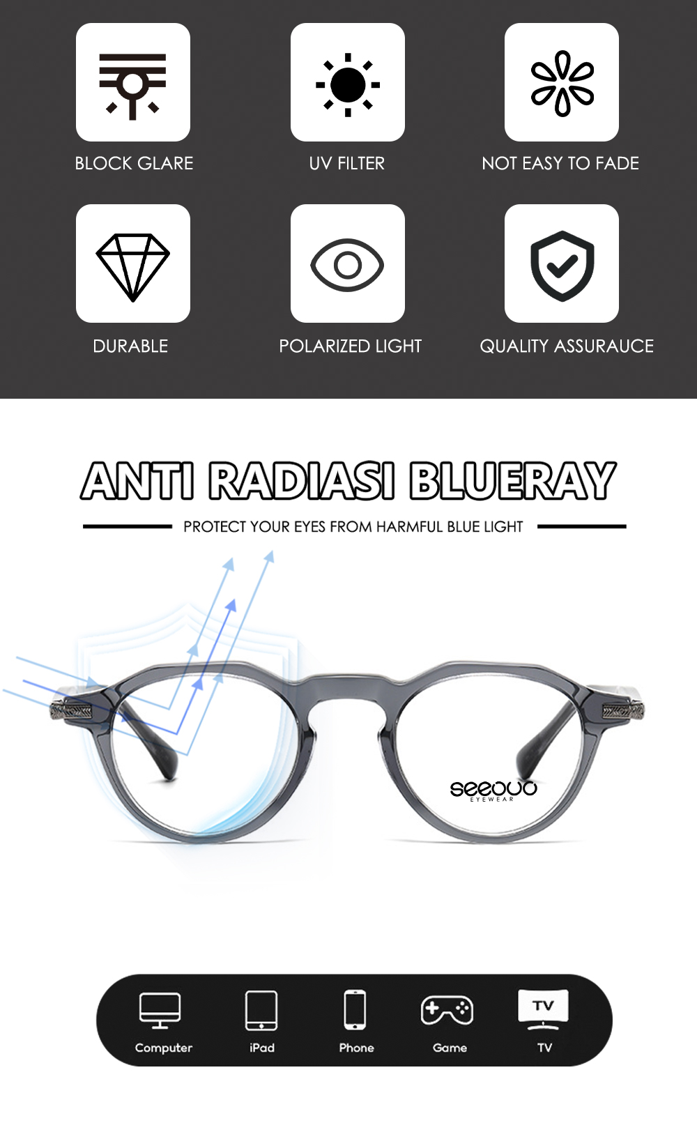 Jual Seeouo Kacamata Titanium Acetate Frame Style Oval Lensa Plano Bisa Minus Antir Radiasi ...