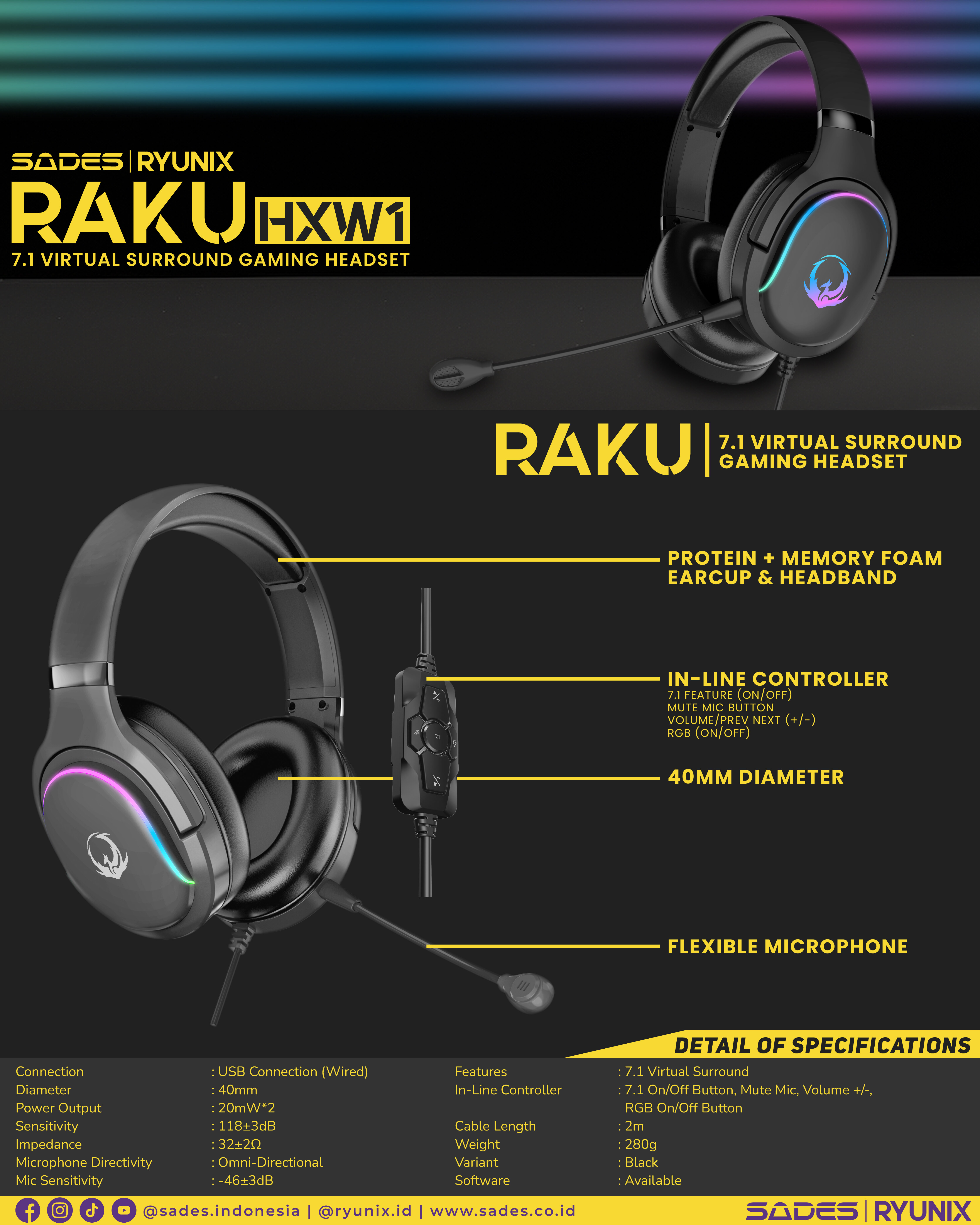 Jual Sades Ryunix Raku Headset Gaming Wired 7.1 Virtual Surround ...