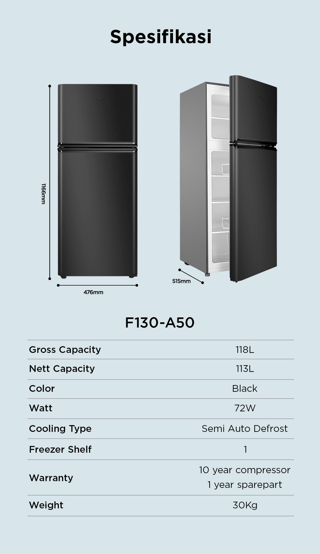 Jual TCL Kulkas 2 Pintu (F130-A50) - Kapasitas 118L - Rak Freezer ...
