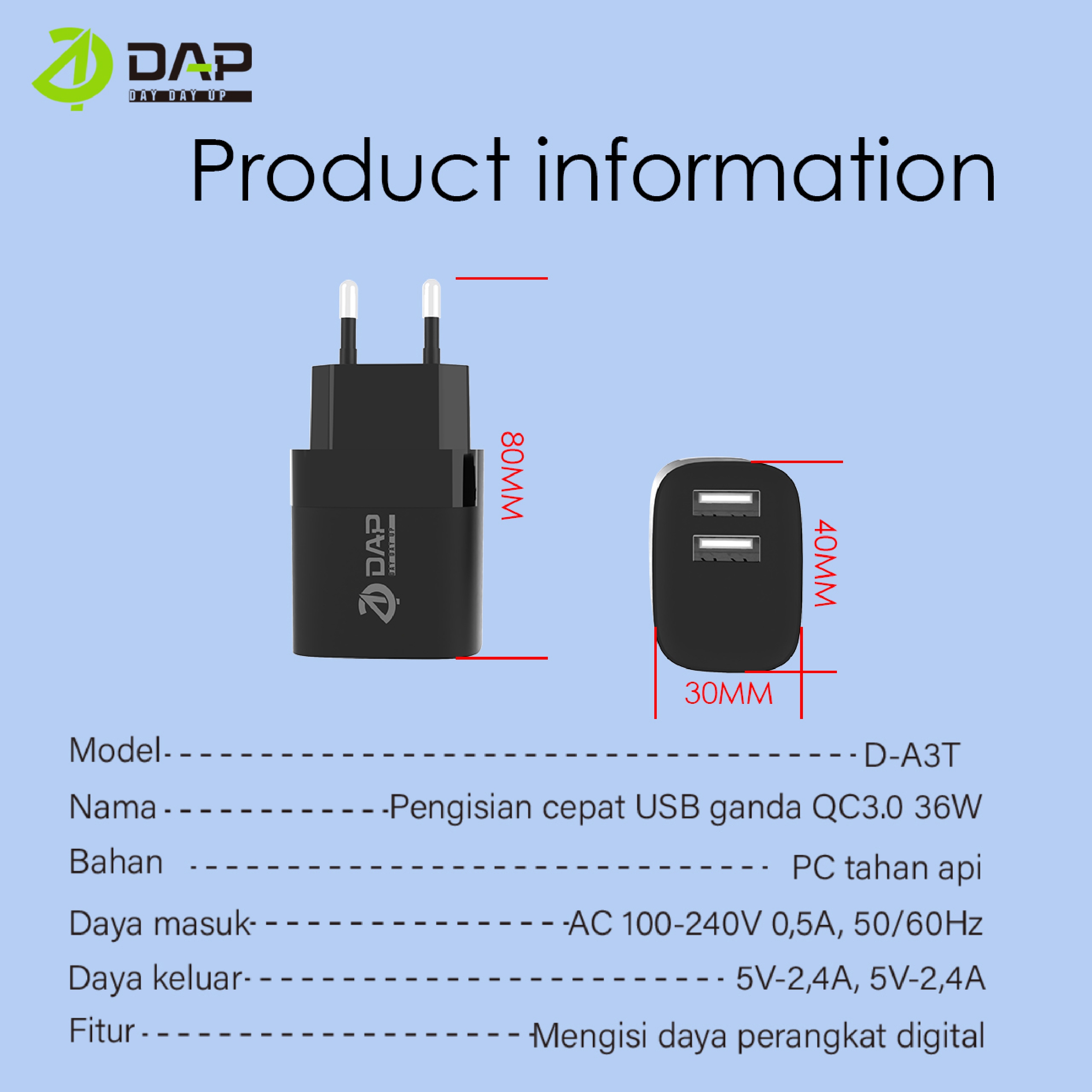 Jual DAP D-A10QC Charger Power Delivery 36 Watt 3.0 A 2 Port USB Fast ...