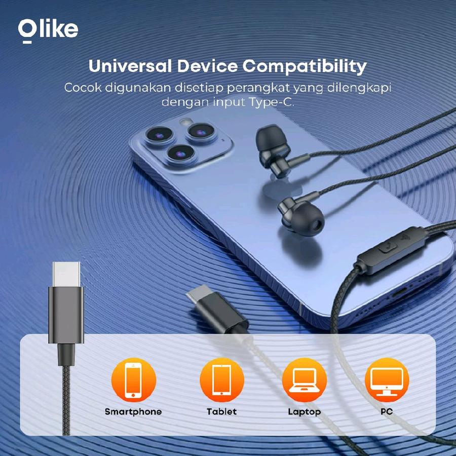 Jual Olike E100C Wired Earphone Headset Kabel 120cm USB TYPE C Jack ...