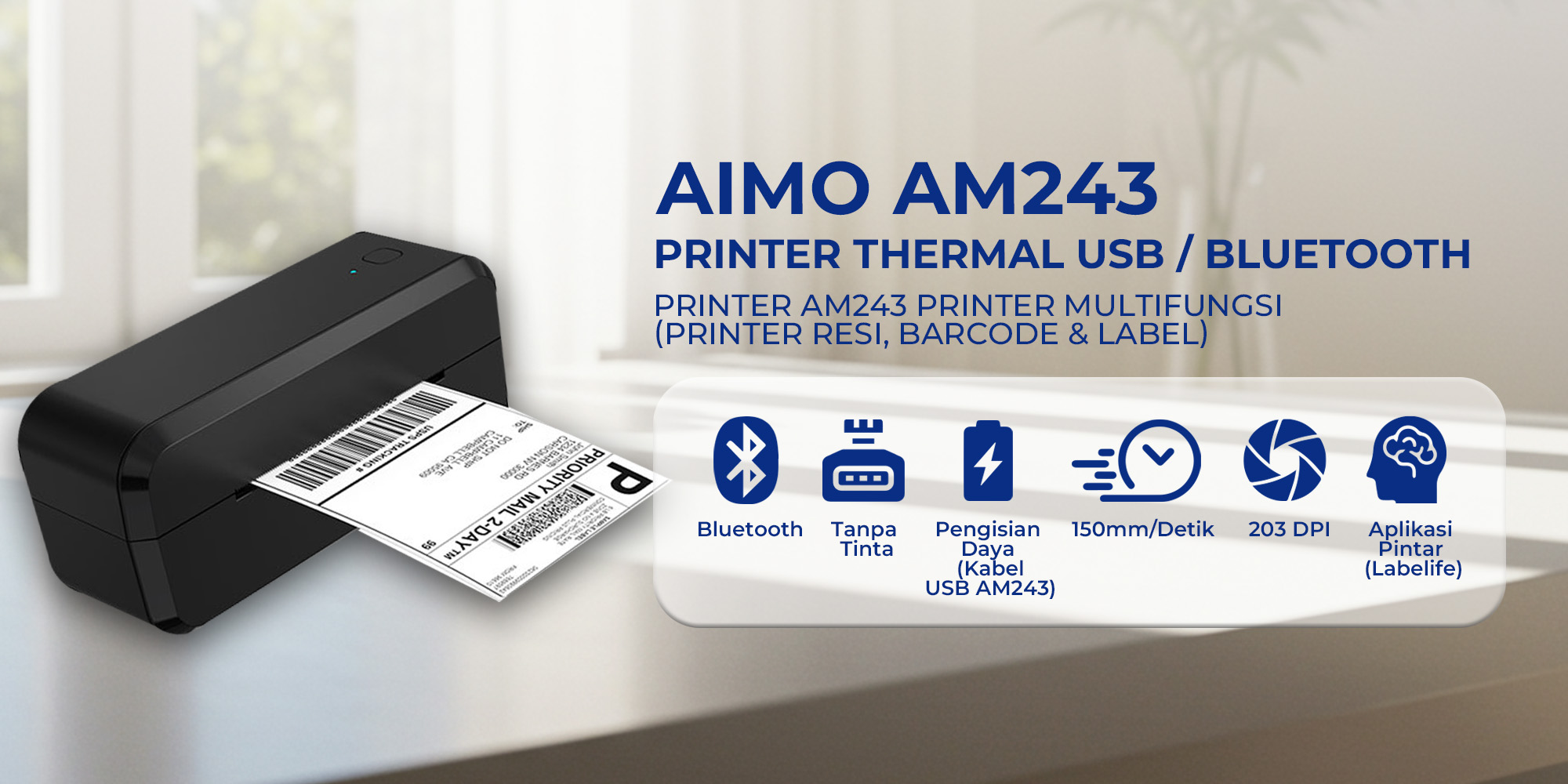 Jual AIMO AM243 Printer Thermal Bluetooth Printer Resi A6 Sticker ...