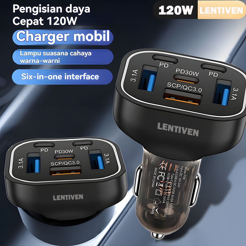 Jual PUNING LENTIVEN Car Charger Colokan Mobil 4 Ports PD 120W USB Type ...