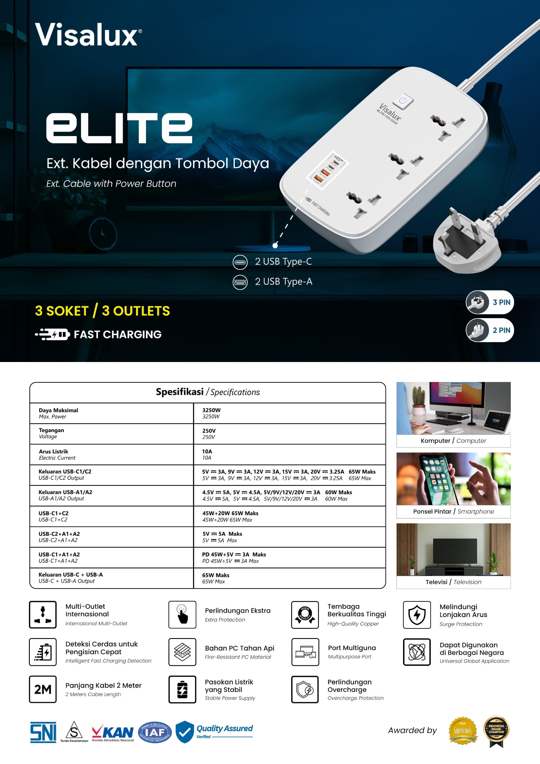 Jual Visalux Kabel Extension with Power Button Elite (2 Pin) Type C ...