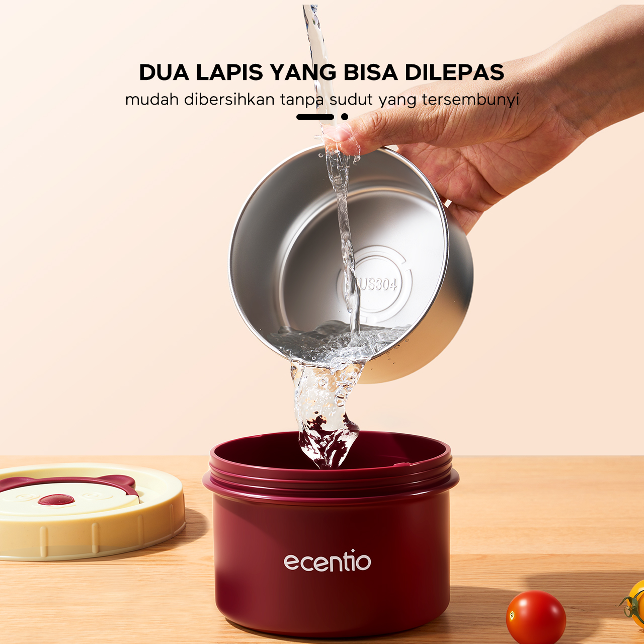Jual ecentio Lunch Box 1PC Merah 304 Stainless Steel 600ml/400ml Kotak ...