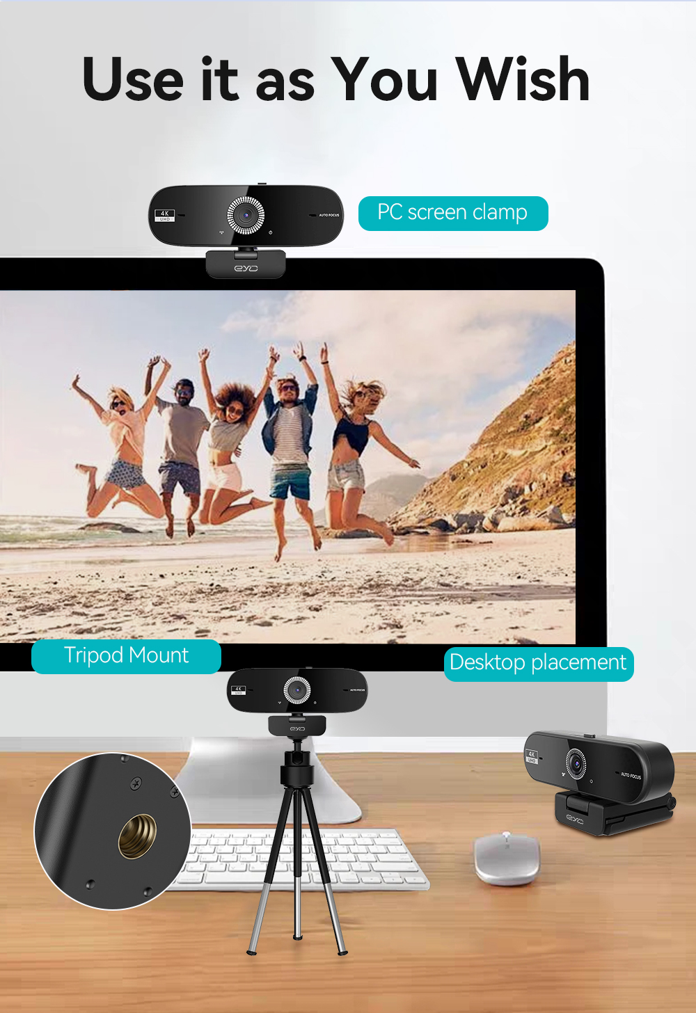 Jual EYD UHD 4k PC Webcam Laptop USB Camera with 360° Degree Rotation ...