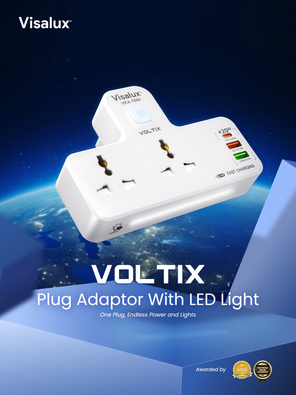 Jual Visalux Voltix Plug Adaptor with LED (2 Pin) Type C + USB A Fast Charging / Steker Stop ...