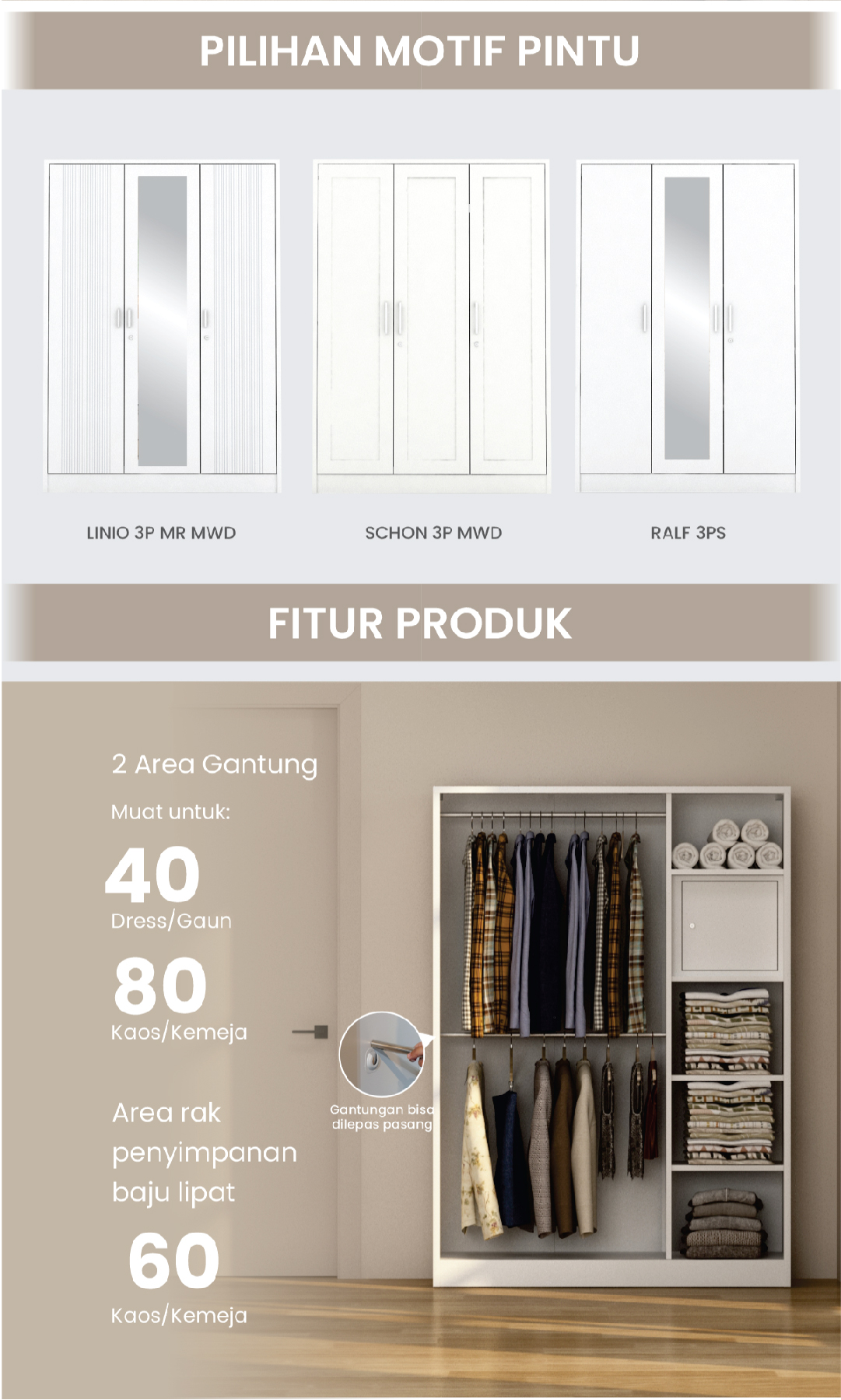 Jual PIRA - LINIO 3P MR MWD Lemari Pakaian Besi 3 Pintu Swing dengan ...
