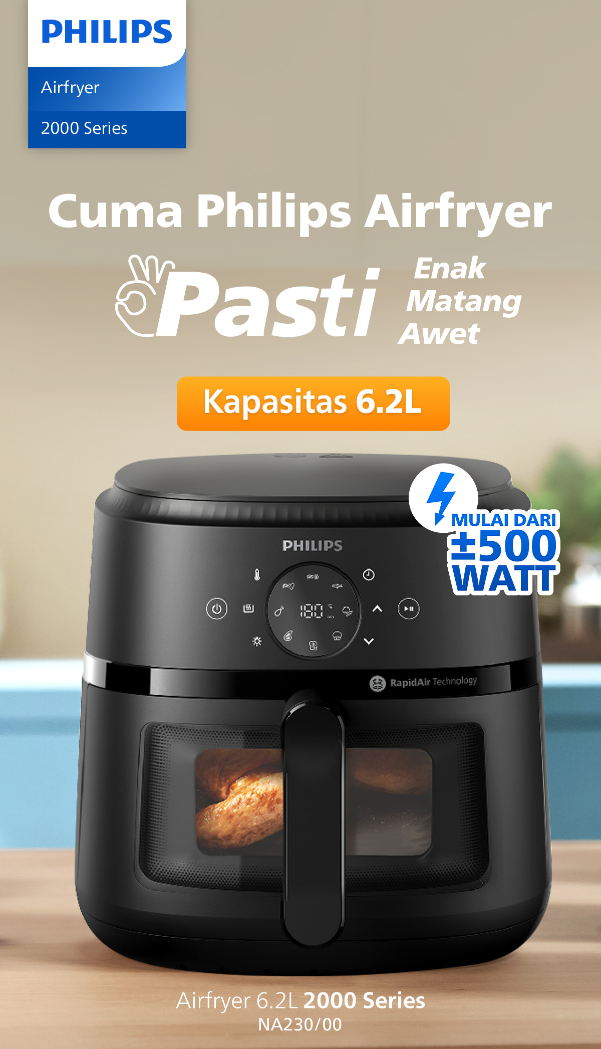 Jual BARU! PHILIPS Airfryer Low Watt mulai dari 500W Transparan KAPASITAS BESAR 6.2 L NA230/00 ...