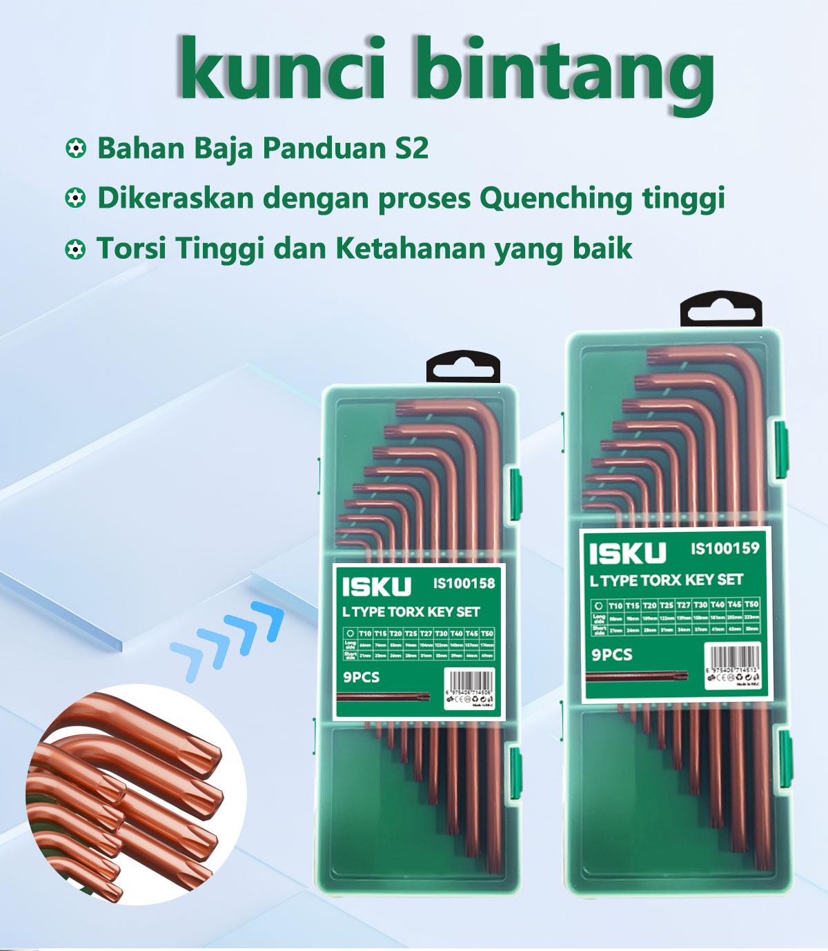 Jual ISKU Kunci L Bintang Set S2 Steel 9 Pcs (Ada Lubang) - Torx Key ...