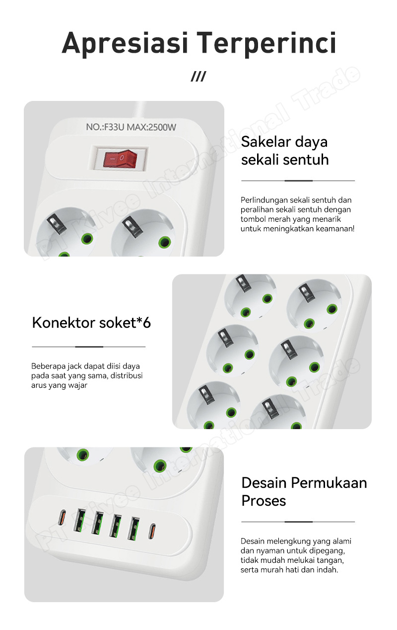 Jual (HOT)KIVEE Stop Kontak 12-in-1 Colokan listrik 6 lubang USB+Type C ...