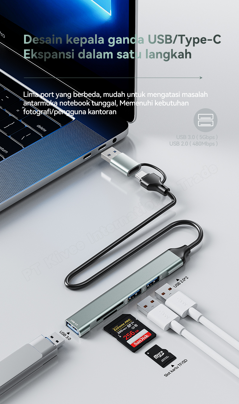 Jual KIVEE USB Hub Type C KV-AD38 5-in-2 High Speed USB 3.0 5Gbps ...