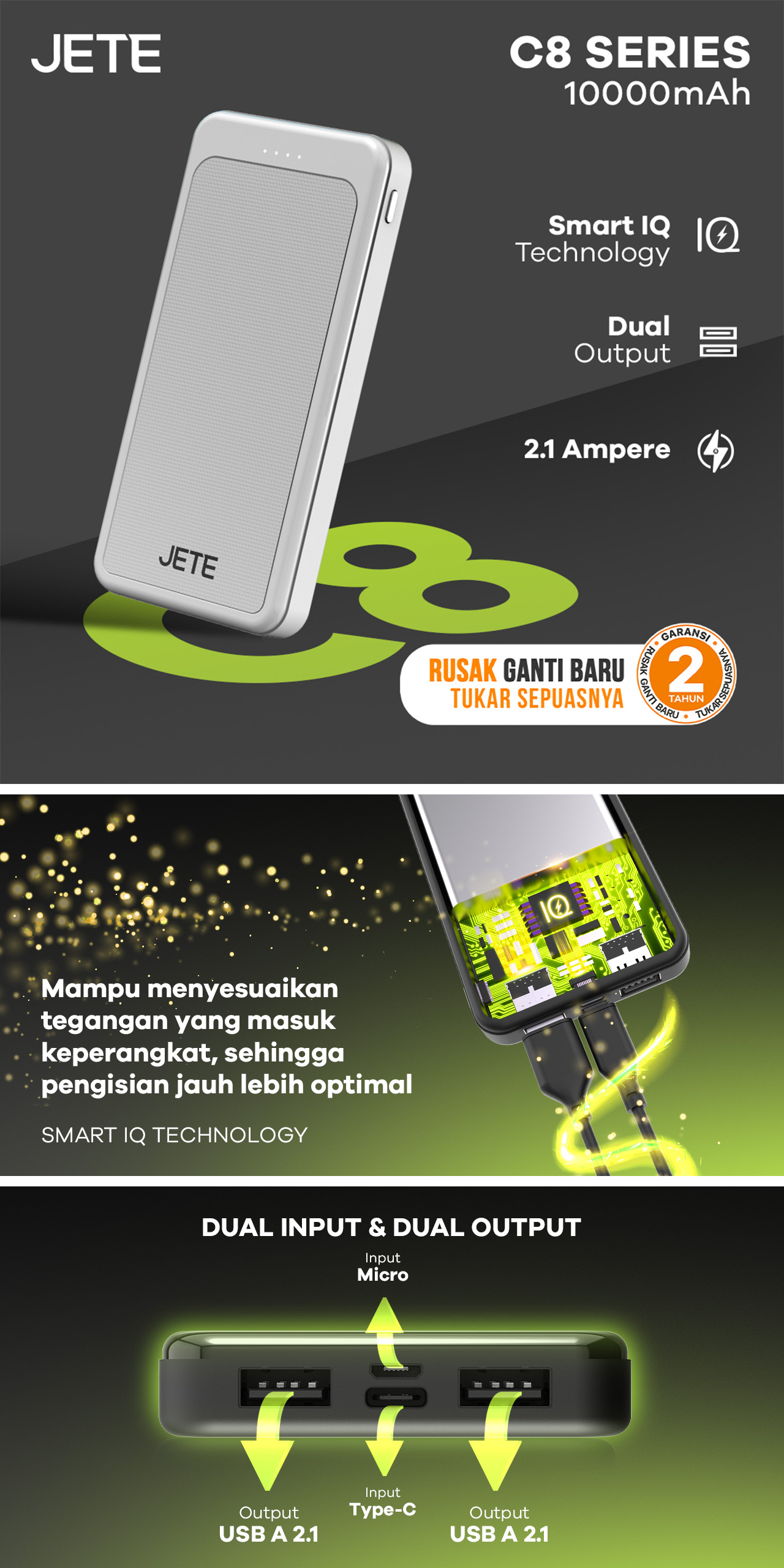 Jual JETE Powerbank Fast Charging C8 10000mAh Power Bank Portable Dual ...