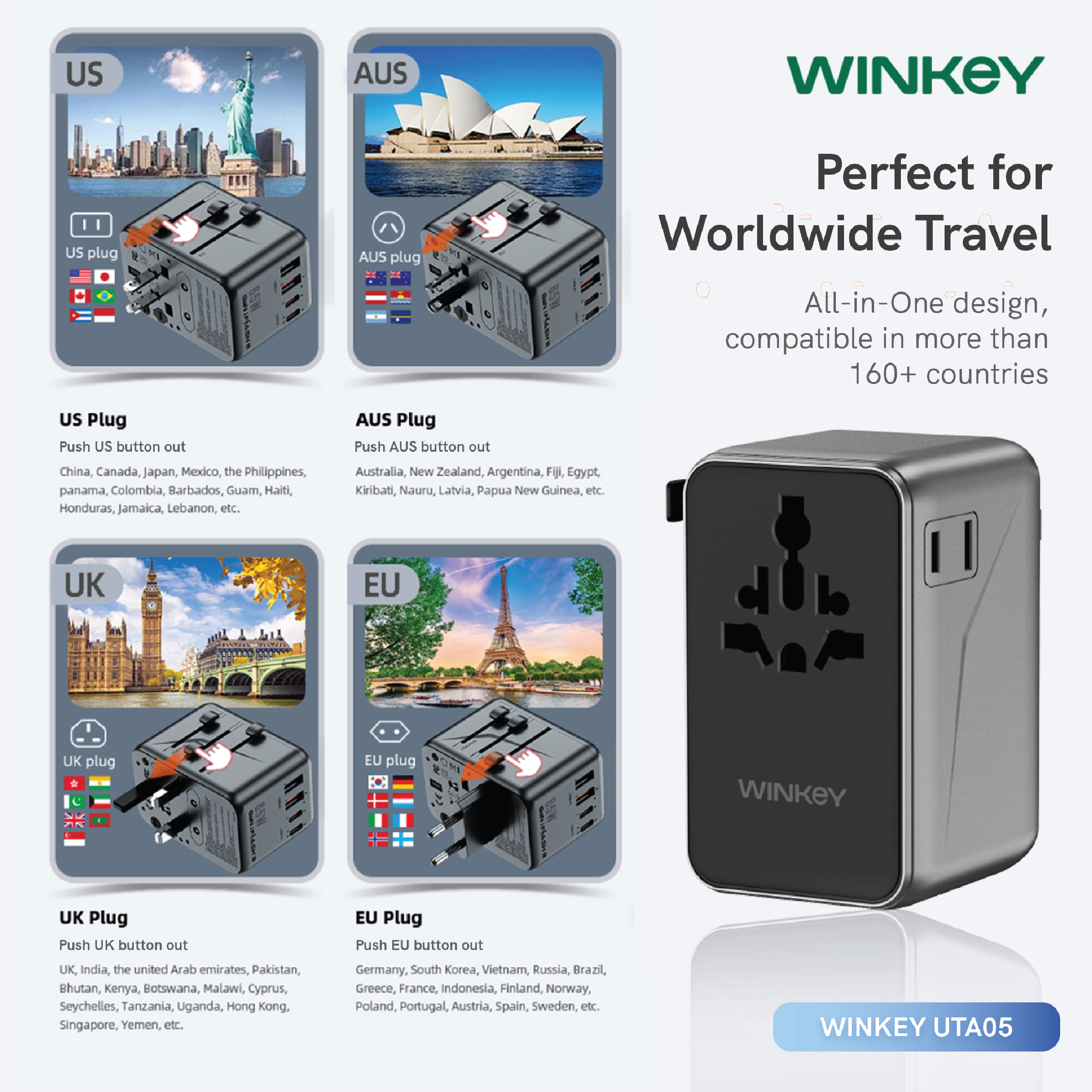 Jual WINKEY Universal Travel Adaptor 100W GAN PPS 4 Port USB & USB C -UTA05 | Shopee Indonesia