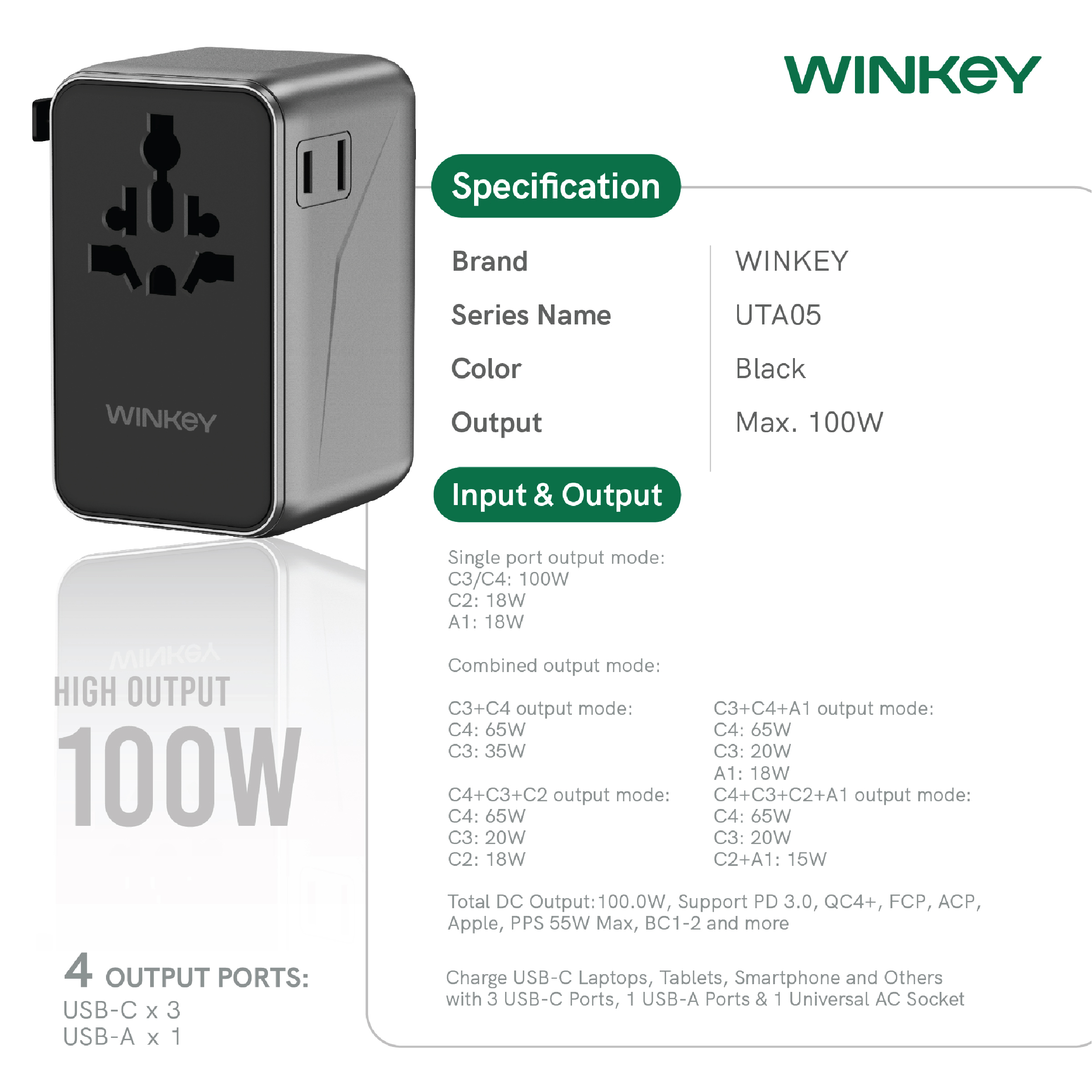 Jual WINKEY Universal Travel Adaptor 100W GAN PPS 4 Port USB & USB C ...