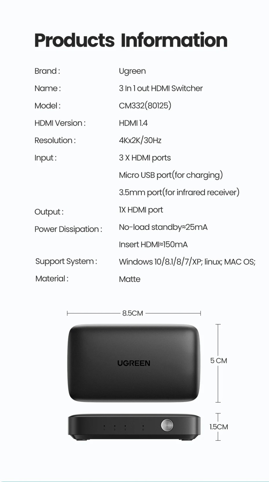 Jual UGREEN HDMI Switcher 3 in 1 Out 4K/3D with Remote 80125 | Shopee ...