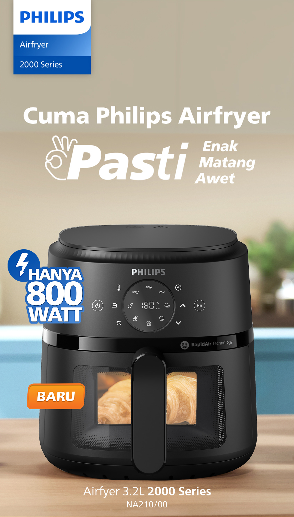 Jual BARU! Philips Airfryer Low Watt 500W Transparan BEST COMPACT SIZE 3.2L NA210/00. Air fryer ...