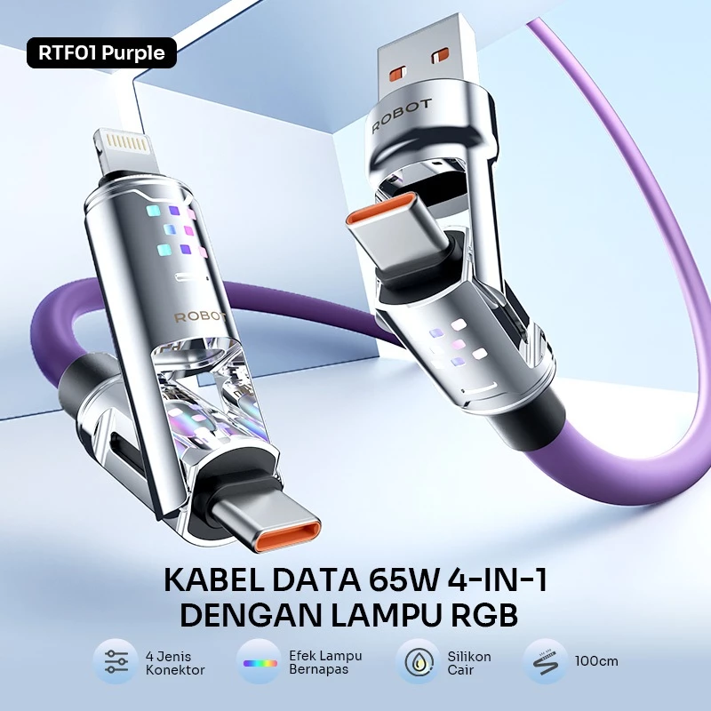 Jual ROBOT Kabel Data Fast Charging 65W Kabel Konektor 4-in-1 100cm RGB ...