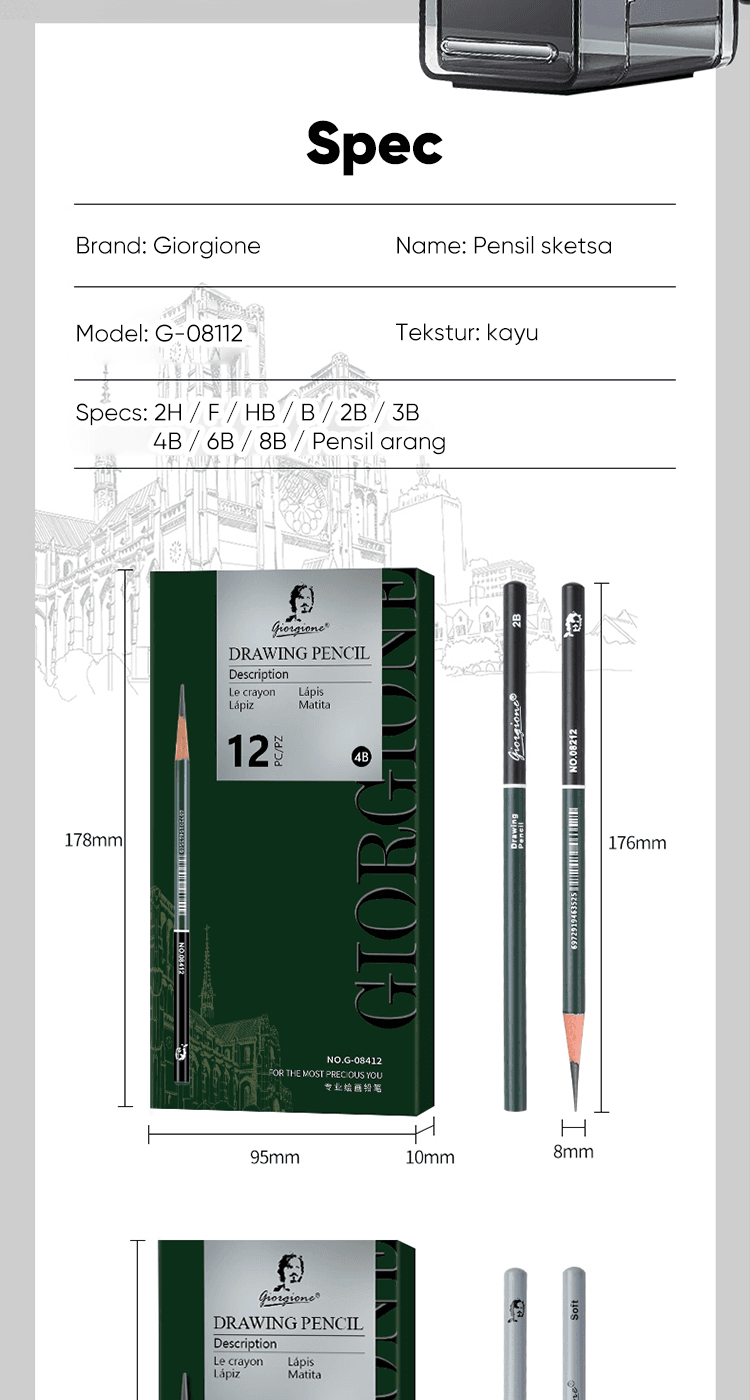 Jual Giorgione Pensil Sketsa Set 12pcs/set 2H/HB/2B/4B/8B G-08012 | Shopee Indonesia